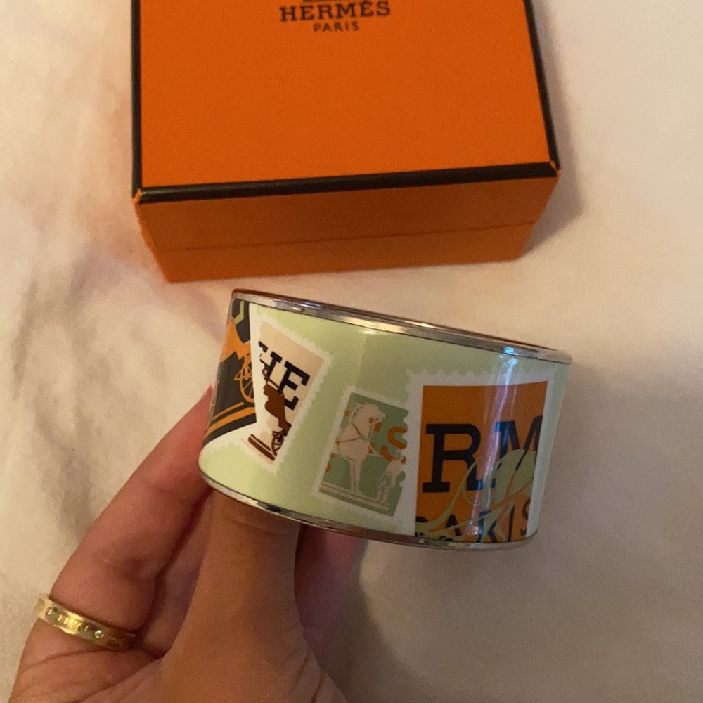 Authentic Hermes Wide Stamps Logo Enamel Bracelet - Gem